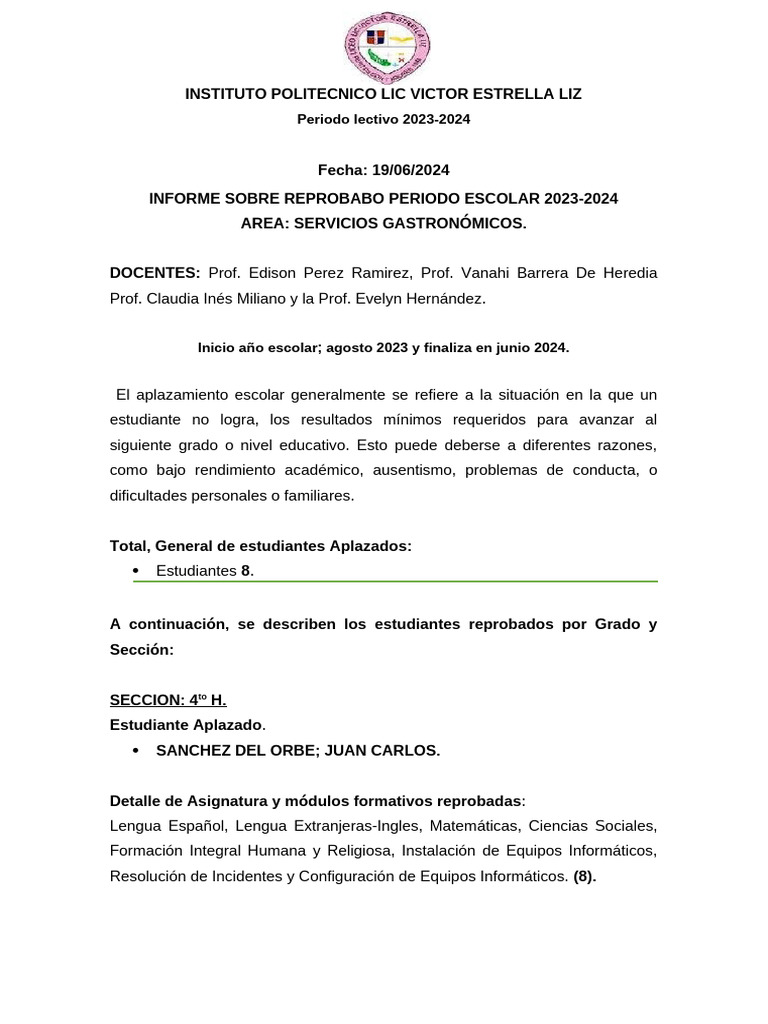 Informe Sobre Reprobación Escolar Año Escolar 2023 | PDF