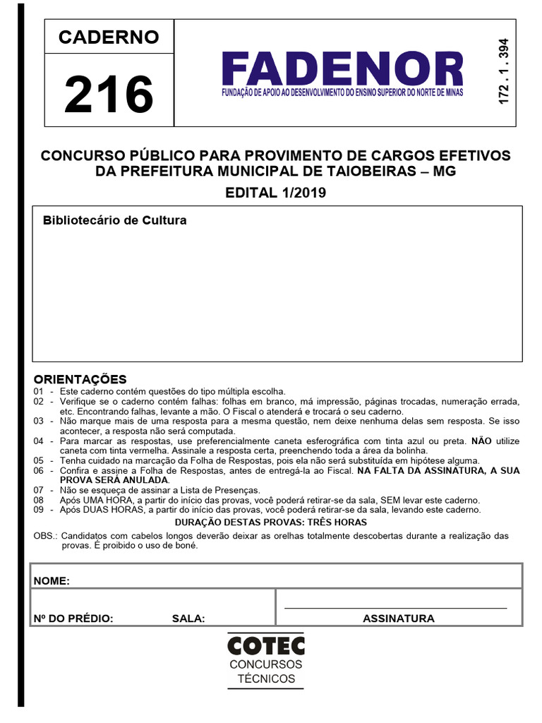 Caderno: Concurso Público para Provimento de Cargos Efetivos Da Prefeitura Municipal de ...
