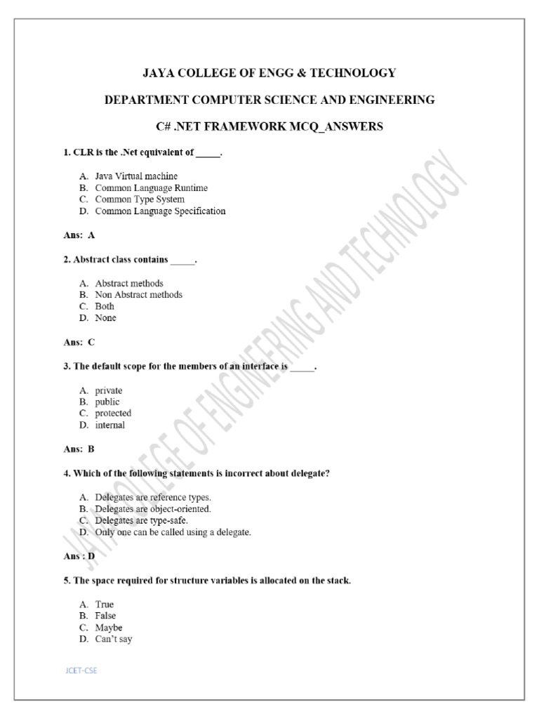 C# .Net Framework MCQ - Answers - ILIDE - INFO Platform PDF Viewer | PDF