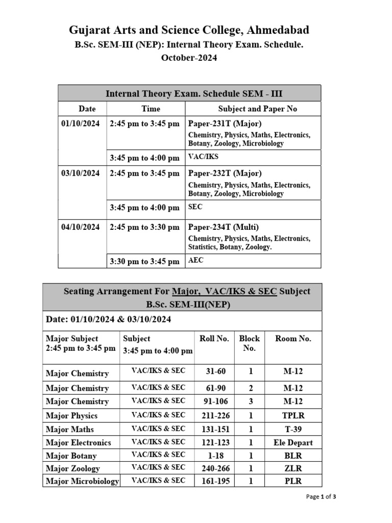 Theory Internal Time Table For BSc-3 | PDF