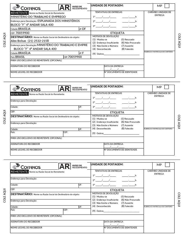 AR - EDITÁVEL - Aviso de Recebimento - Editável - RJ | PDF