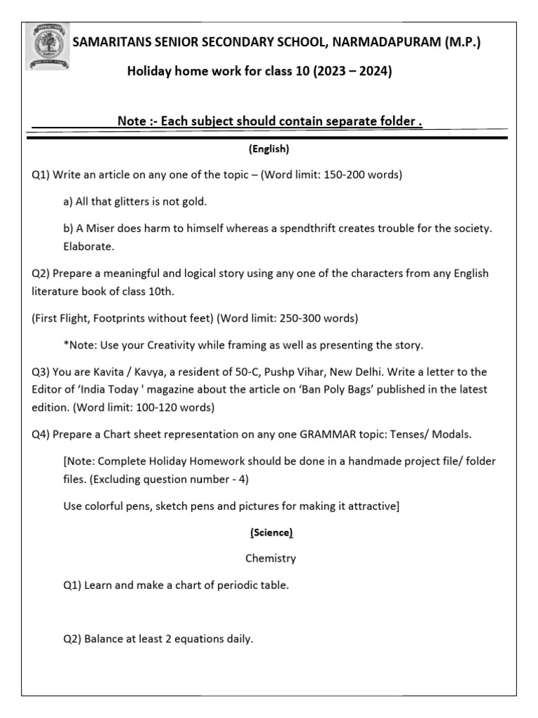 Holiday Homework Class 10 2023 - 2024 | PDF