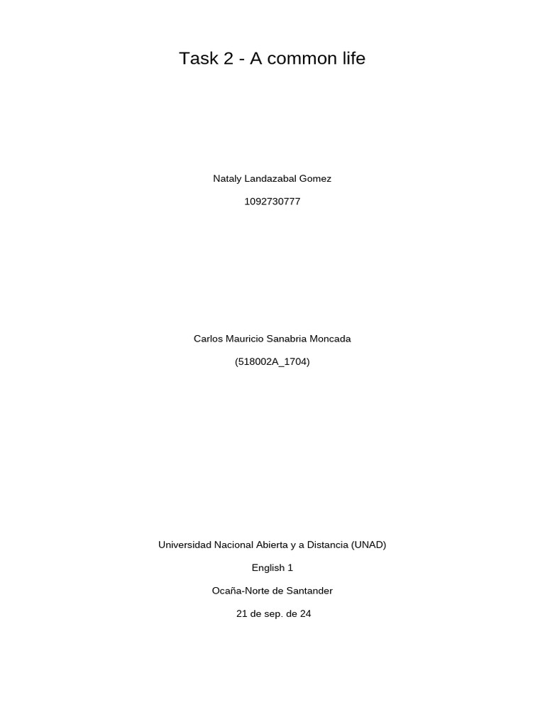 Task 2 - A Common Life. Nataly Landazabal Gomez | PDF Task 2 - A Common Life. Nataly Landazabal Gomez | PDF