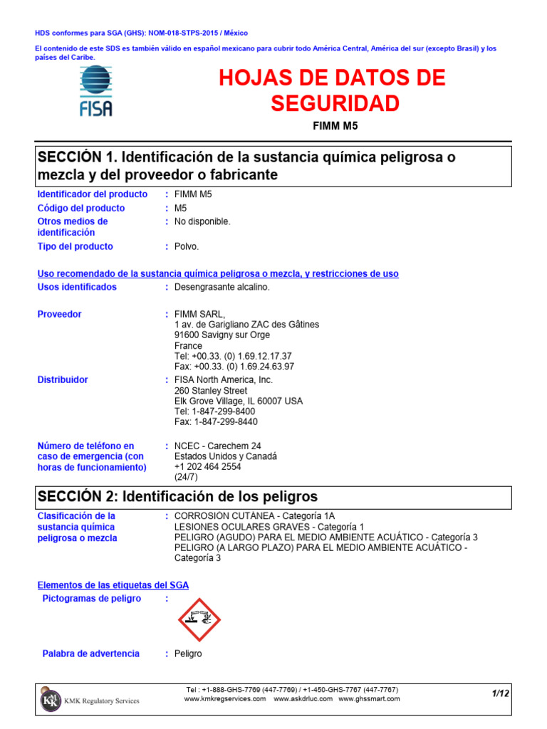 Producto FIMM M5 - Polvo - Fisa - SDS MX V4 8spanish (MX) - Ene 2024 | PDF
