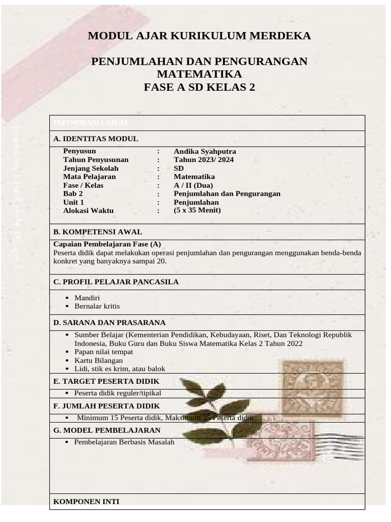 Modul Ajar Penjumlahan Dan Pengurangan | PDF