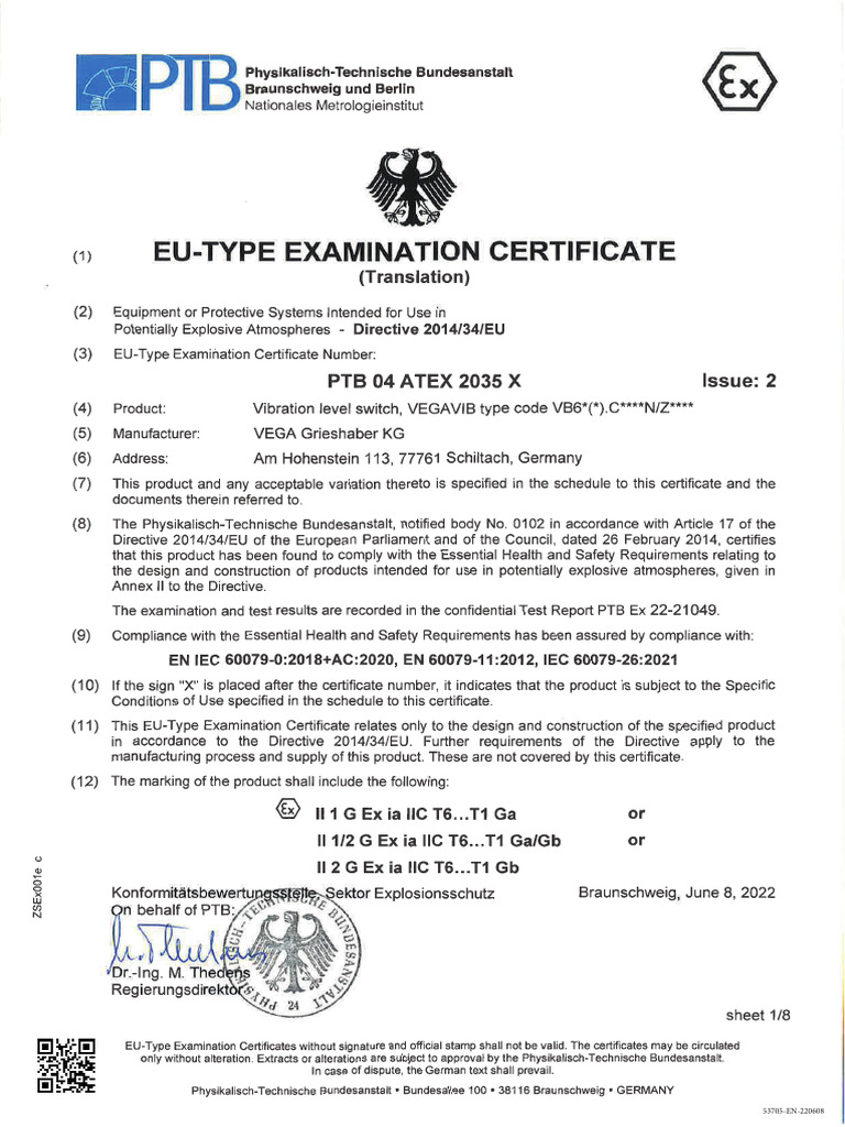 EN EU Type Examination Certificate PTB 04 ATEX 2035 X (To 53704) | PDF
