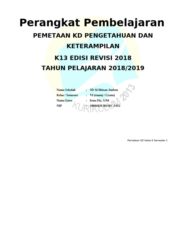 Pemetaan Kd Semester 1 Kelas 6 K13 Edisi Revisi 2018 Pdf