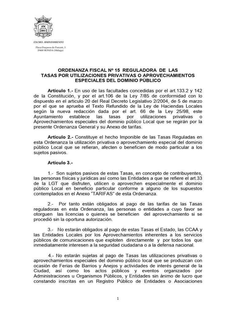 ORDENANZA FISCAL No 15 APROVECHAMIENTOS DEL DOMINIO PUBLICO | PDF | Propiedad | Derecho