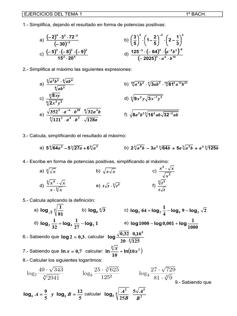 Ejercicios 1ºbach Tema 1 | PDF