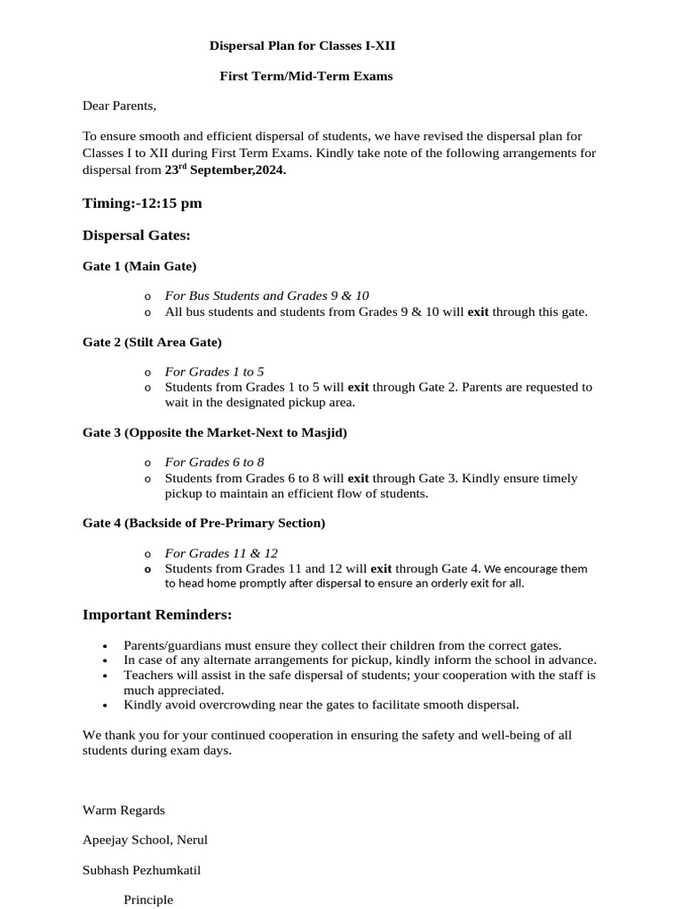 Dispersal Plan For Classes I-XII | PDF