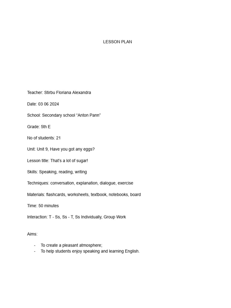 LESSON PLAN - Inspectie, Cls. A V-A | PDF