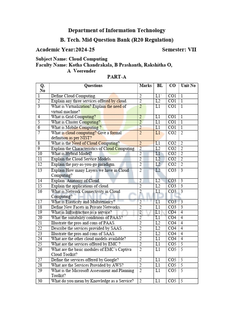 Cloud Computing Question Bank R20 | PDF | Cloud Computing | Software As A Service