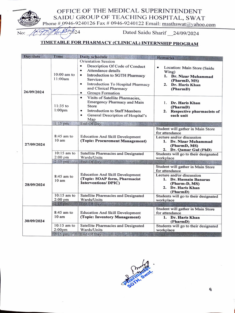 Schedule For Internship sgth2024 | PDF | Pharmacy | Pharmacist