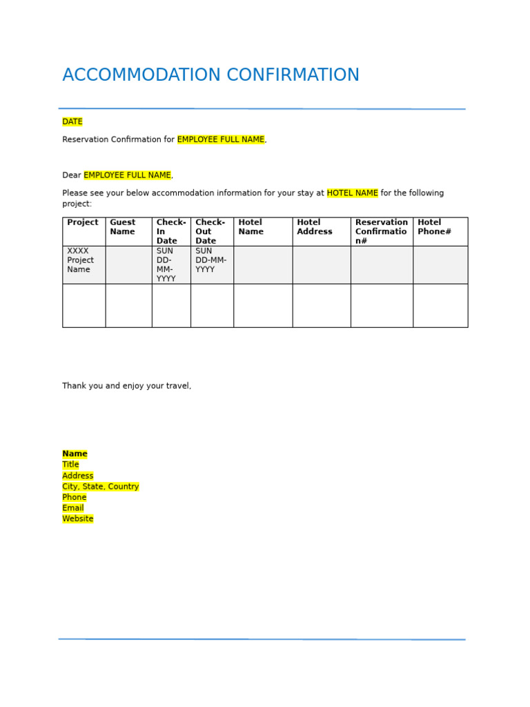 Accommodation Confirmation Template | PDF