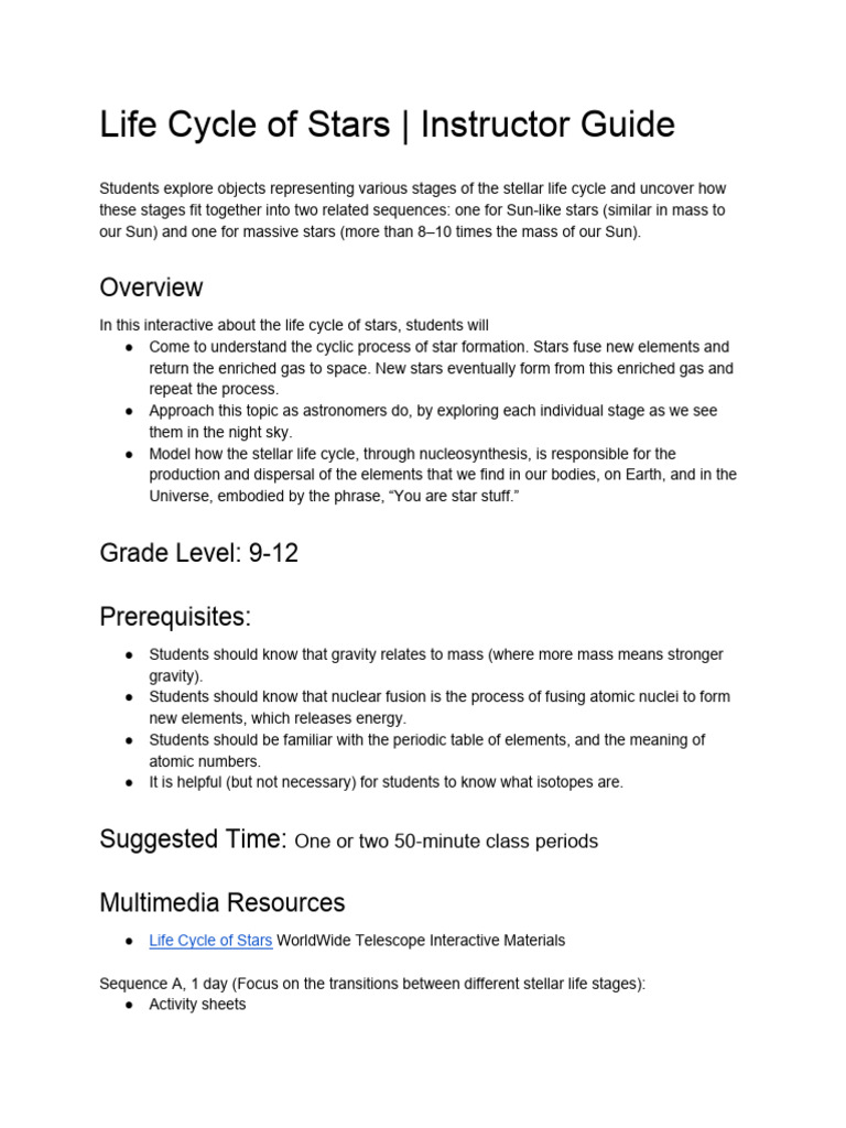 Life Cycle of Stars Instructor Guide | PDF