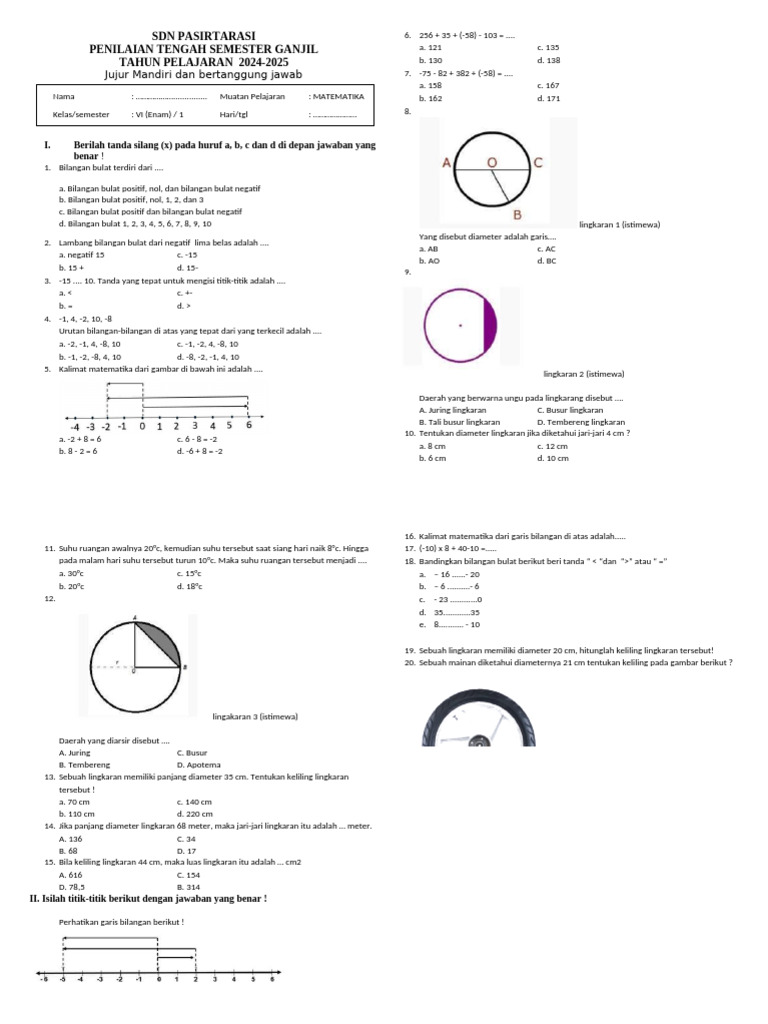 Soal Dan Kunci Jawaban PTS Ganjil Kelas 6 Matematika Piks | PDF