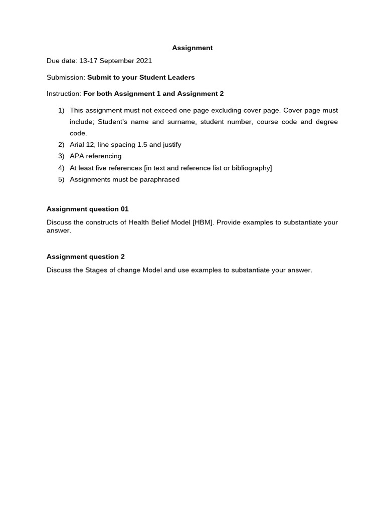 Health Belief Model and SCM Assignment To Students | PDF