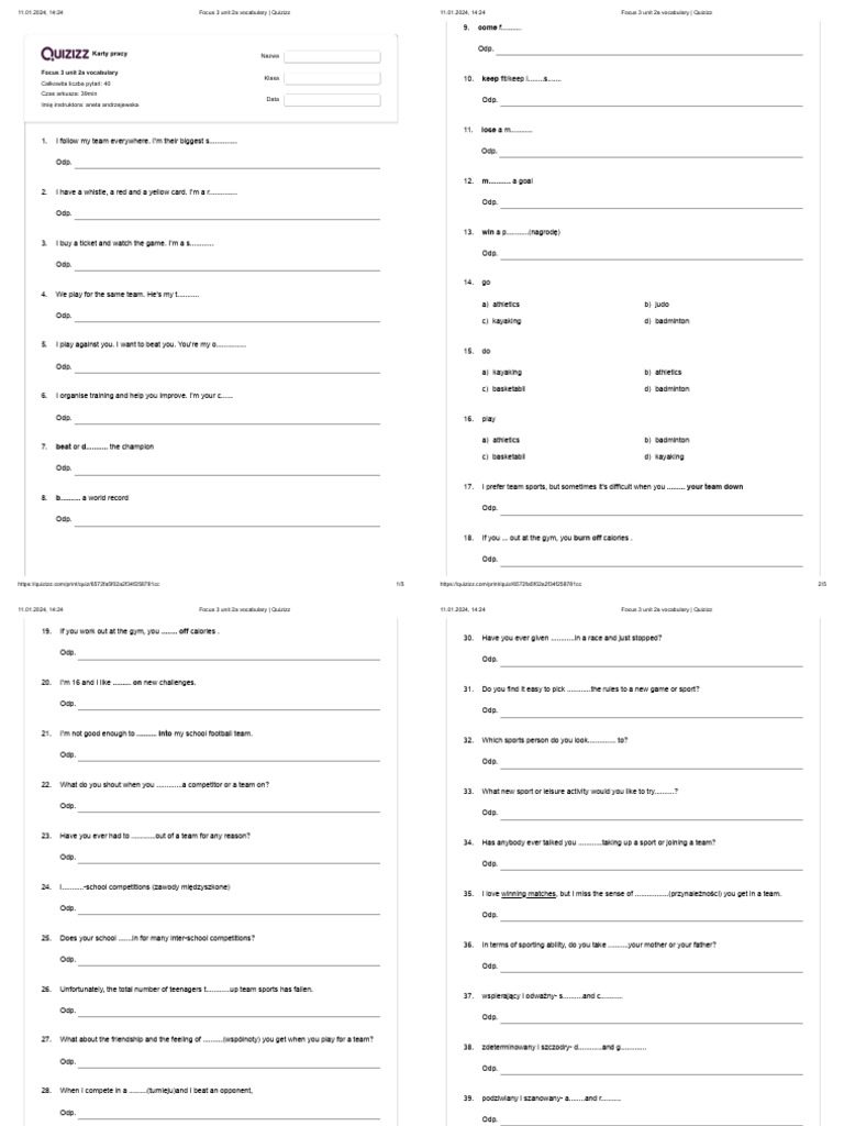 Focus 3 Unit 2a Vocabulary - Quizizz | PDF