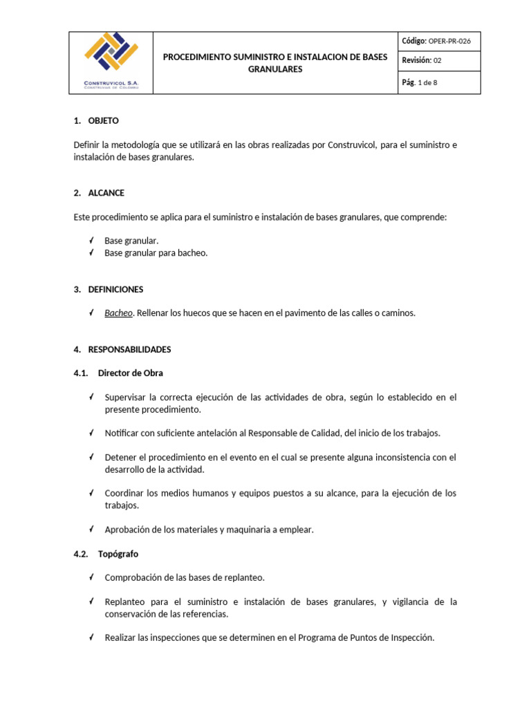 OPER PR 026 Proced Suministro e Instalacion Bases Granulares Rev 01 SI | PDF