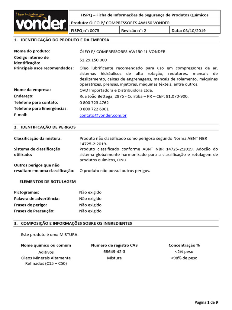 Fispq Óleo Compressores Aw150 Vonder - Lubrificante Especial | PDF