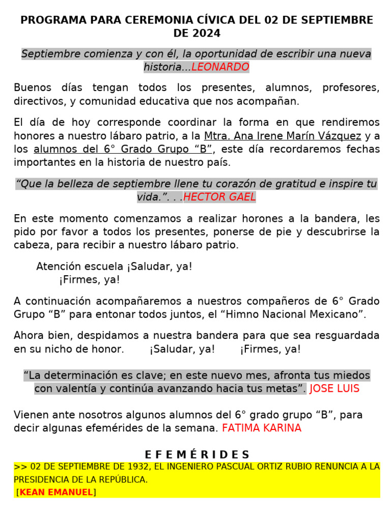 Programa para Ceremonia Cívica Del 02 09 2024 | PDF | México