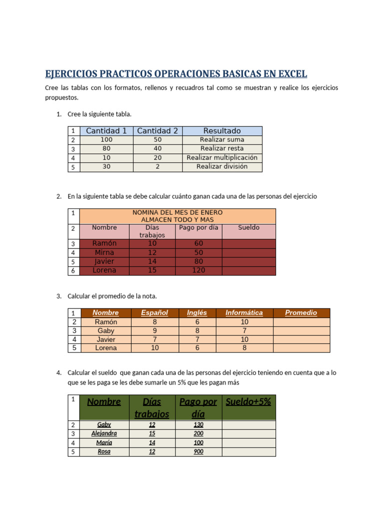 Ejercicios Practicos Operaciones Basicas en Excel | PDF