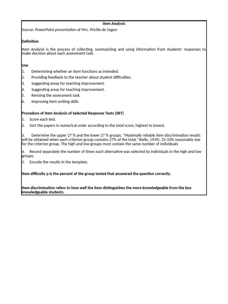 Item Analysis Template ANHS MainSY22 23 | PDF