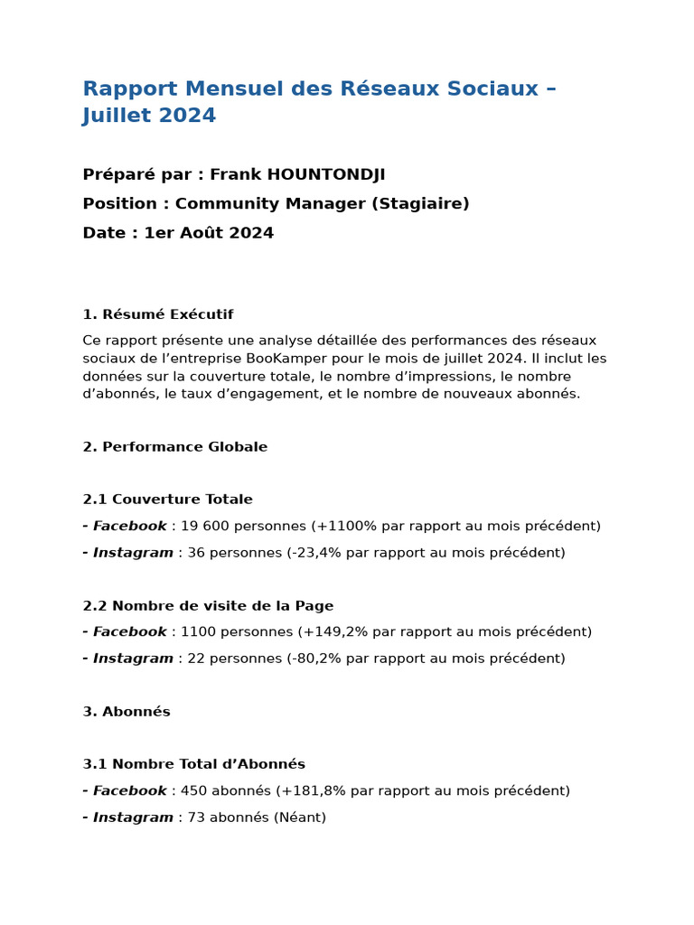 Rapport Mensuel Des Réseaux Sociaux - Juillet 2024 | PDF