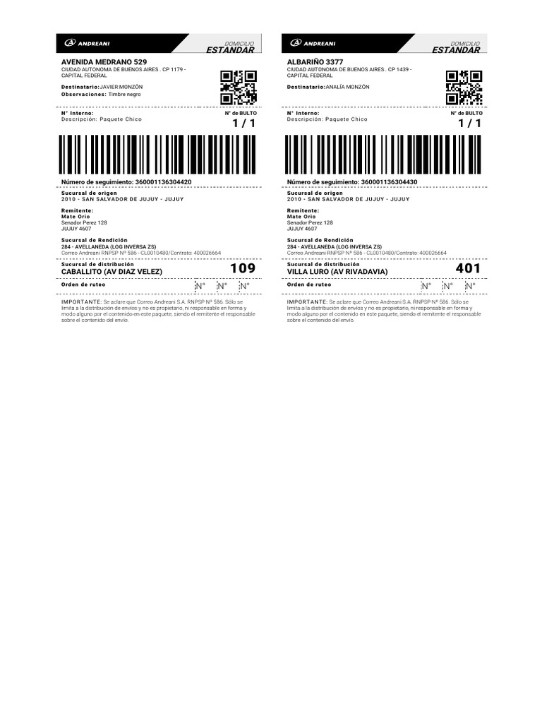 Etiquetas Andreani Envios 2 - 3 - 2024 | PDF