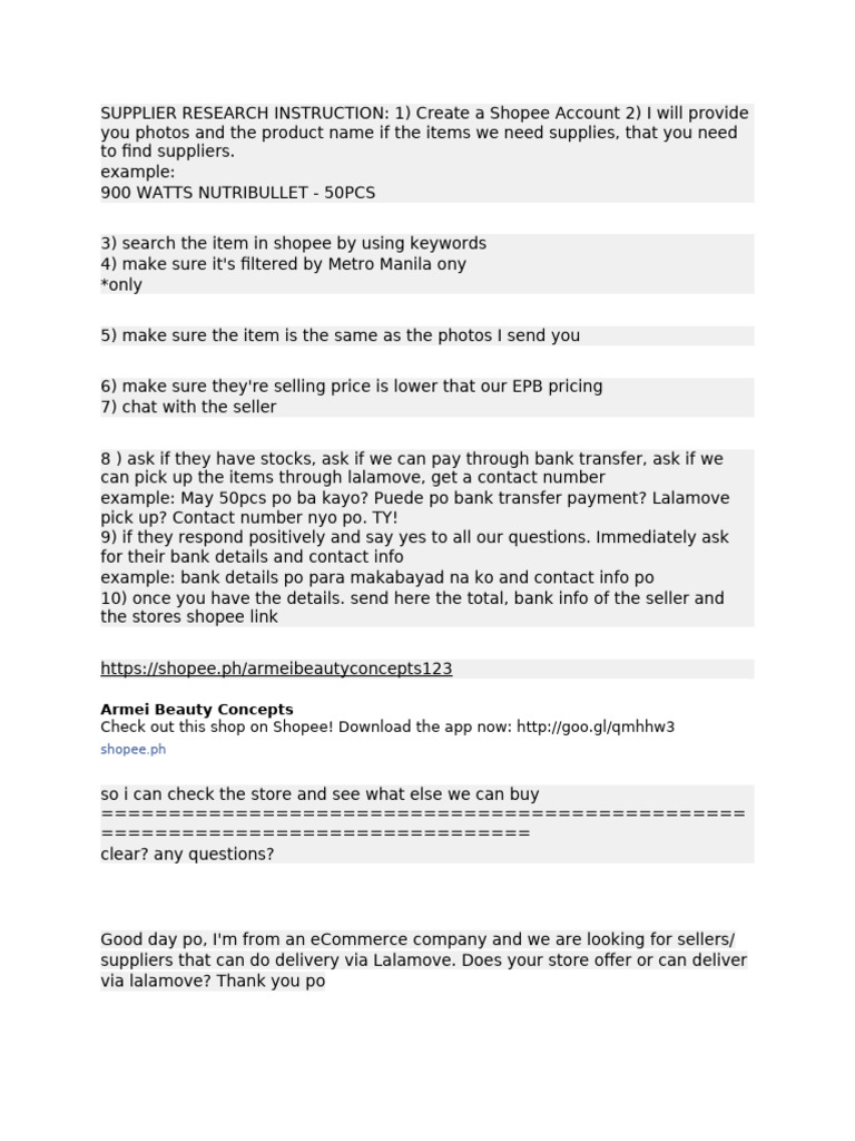 Supplier Research Instruction | PDF