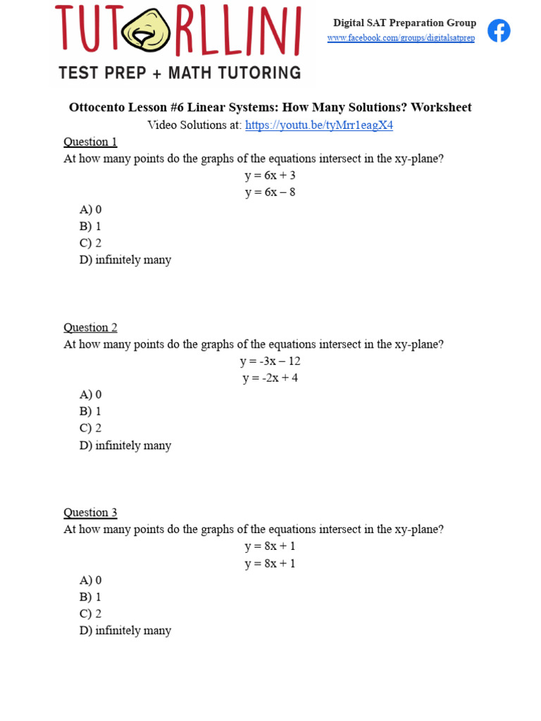 Ottocento Lesson #6 Linear Systems How Many Solutions Worksheet | PDF | System Of Linear ...