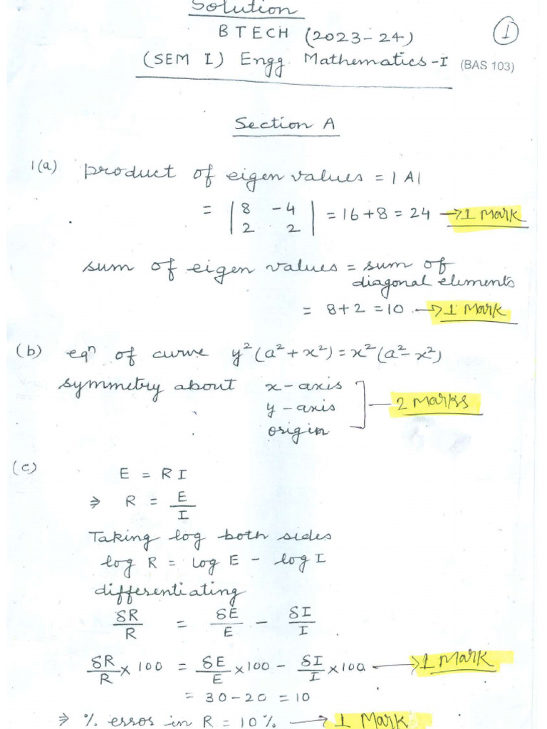 Aktu Maths 1 Odd Sem 2024 Ans Sheet | PDF