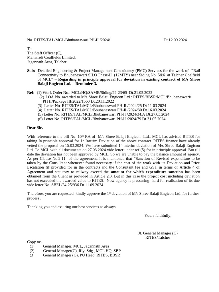 Letter To MCL For Deviation | PDF