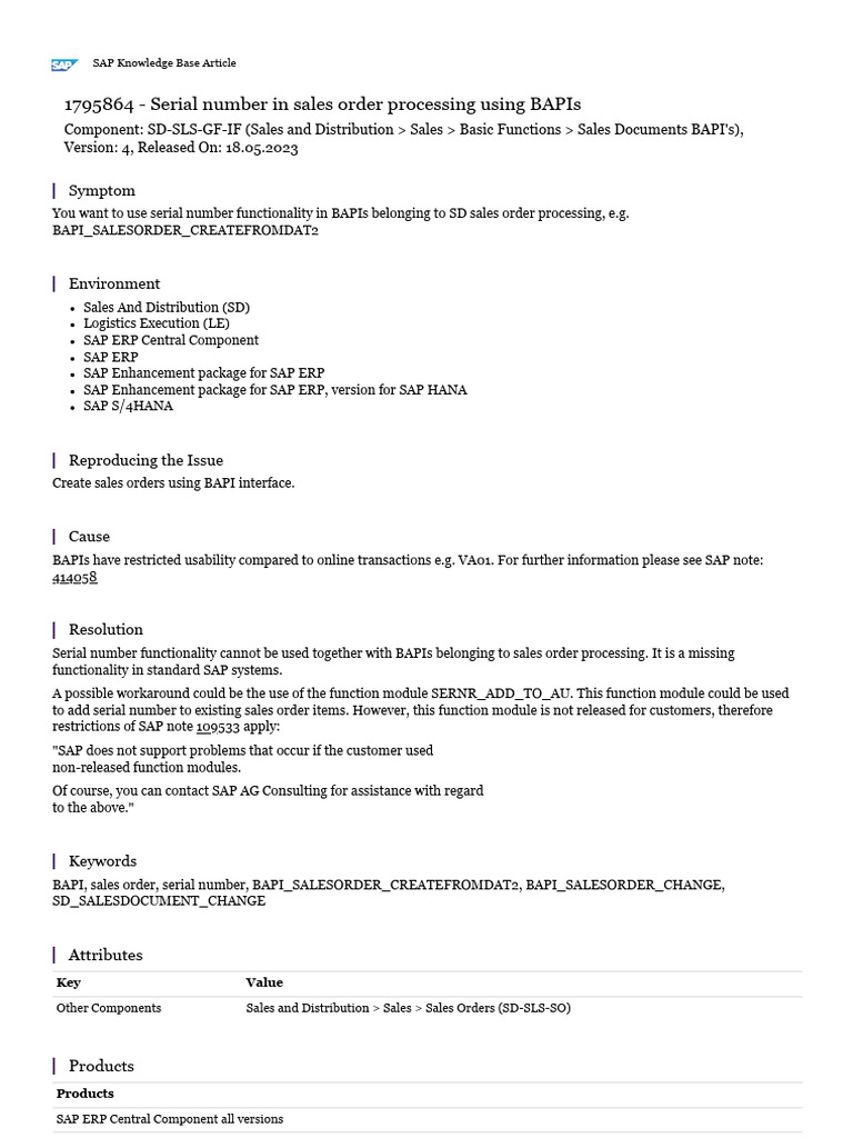 Serial Number in Sales Order Processing Using BAPIs | PDF | Computers