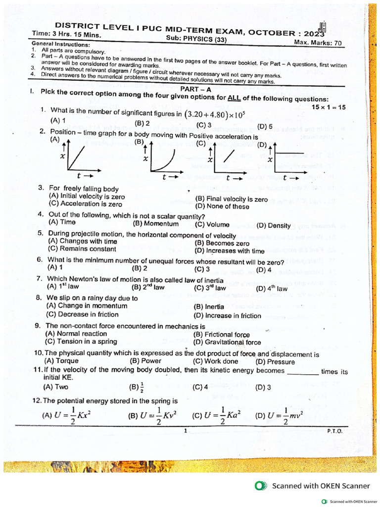PHYSICS Question Paper 1 Pu Haveri District | PDF