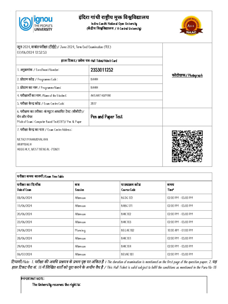 Ignou June-2024 - Hall Ticket - Admit Card | PDF