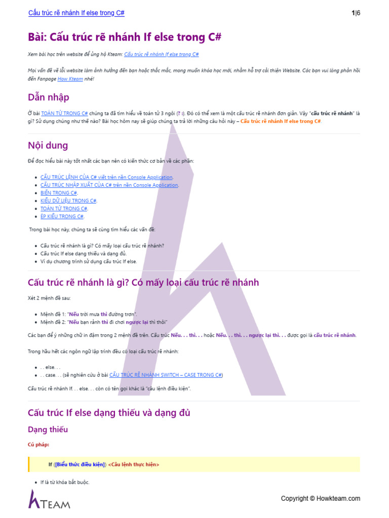 HOWKTEAM.VN - Cấu trúc rẽ nhánh If else trong C# | PDF