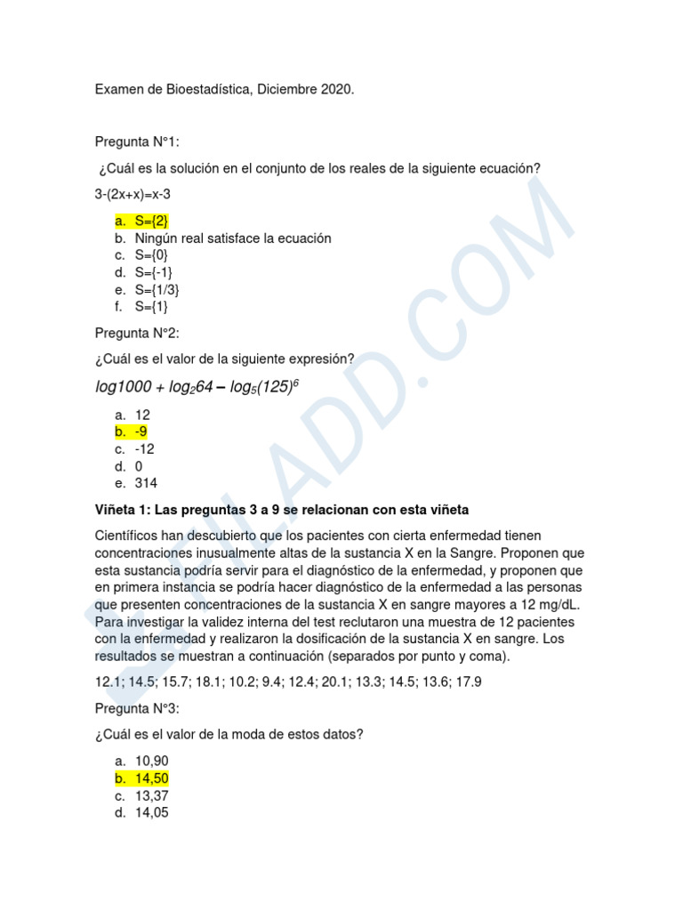Examen de Bioestadistica Diciembre | PDF | Ciencias de la Salud ...