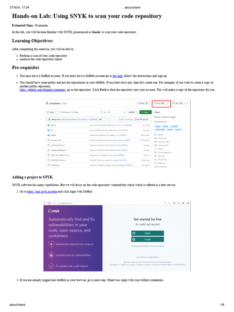 Hands-On Lab Using SNYK To Scan Your Code Repository | PDF