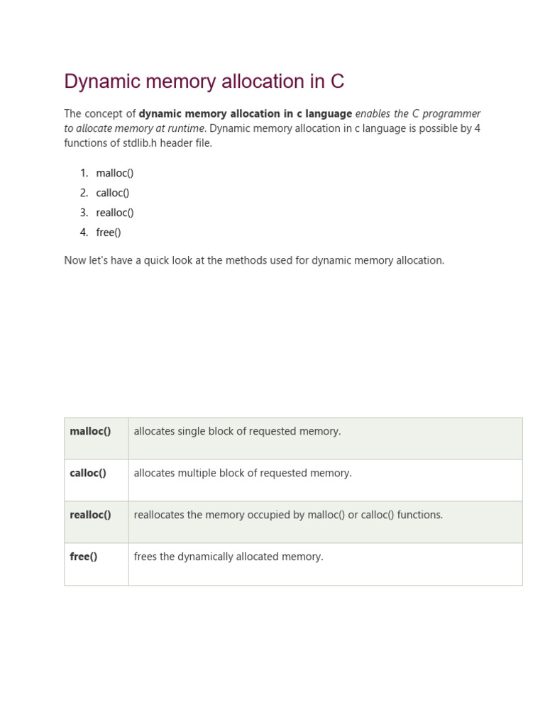 Dynamic memory allocation in C (3) | PDF