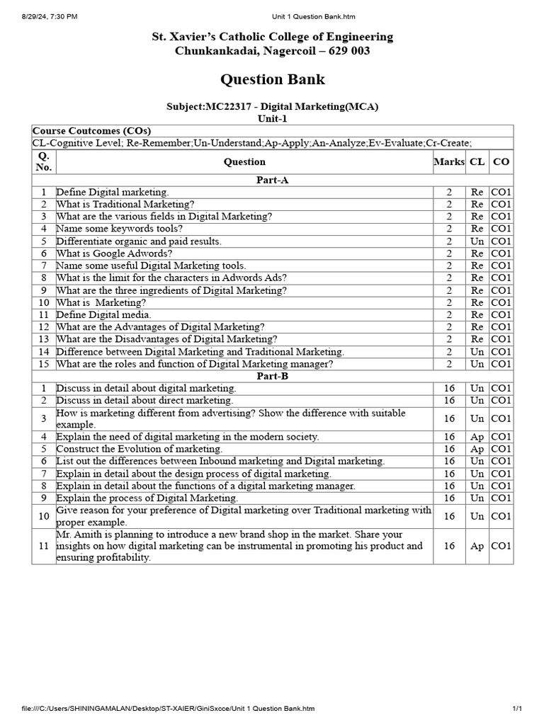 Unit 1 Question Bank | PDF