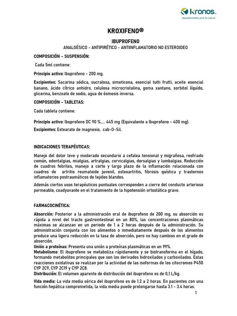 Prospecto Kroxifeno Suspension de 200 MG Tabletas de 400mg. | PDF