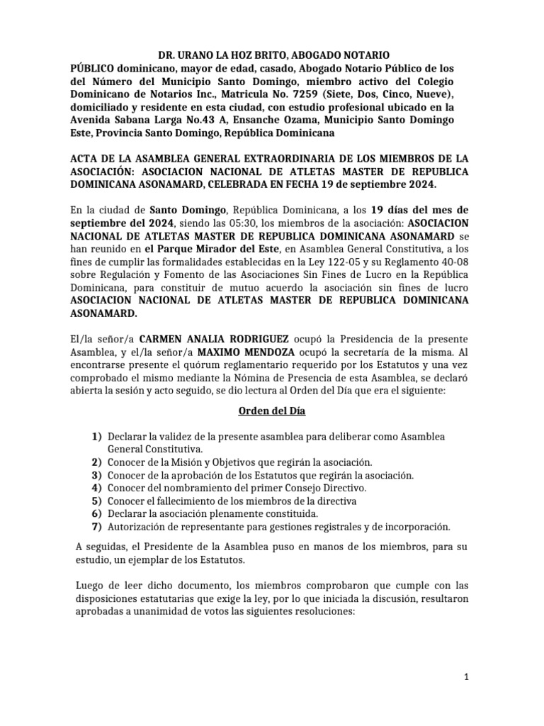 Modelo Acta de La Asamblea Constitutiva y Nomina de Presencia ASFL | PDF