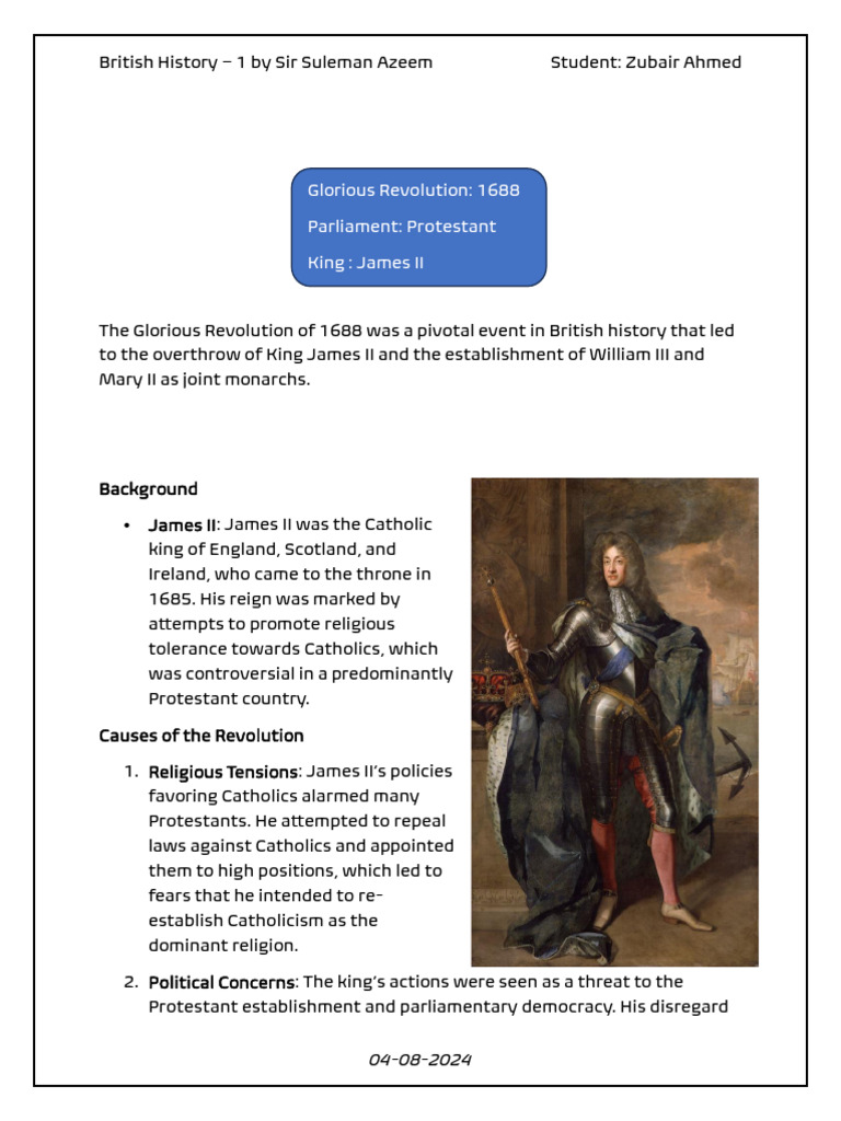 Glorious Revolution: 1688 Parliament: Protestant King: James II | PDF