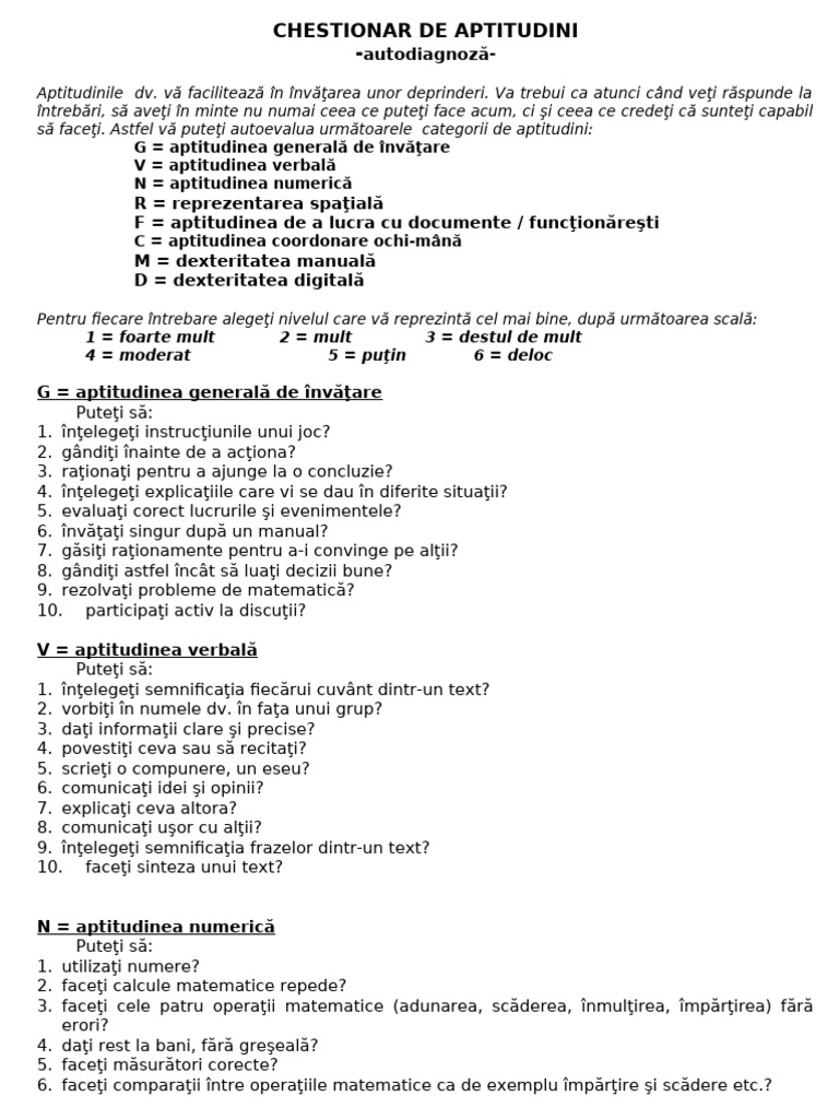 CHESTIONAR DE APTITUDINI Autodiagnoza | PDF