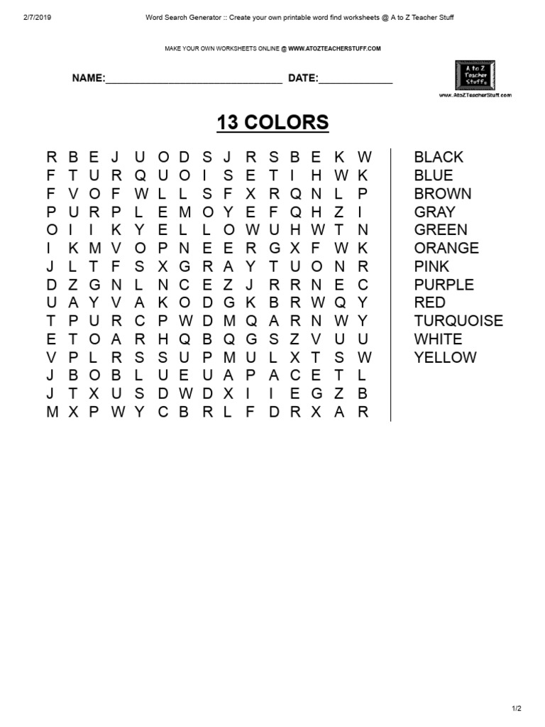 13 Colors Wordsearch With Words | PDF