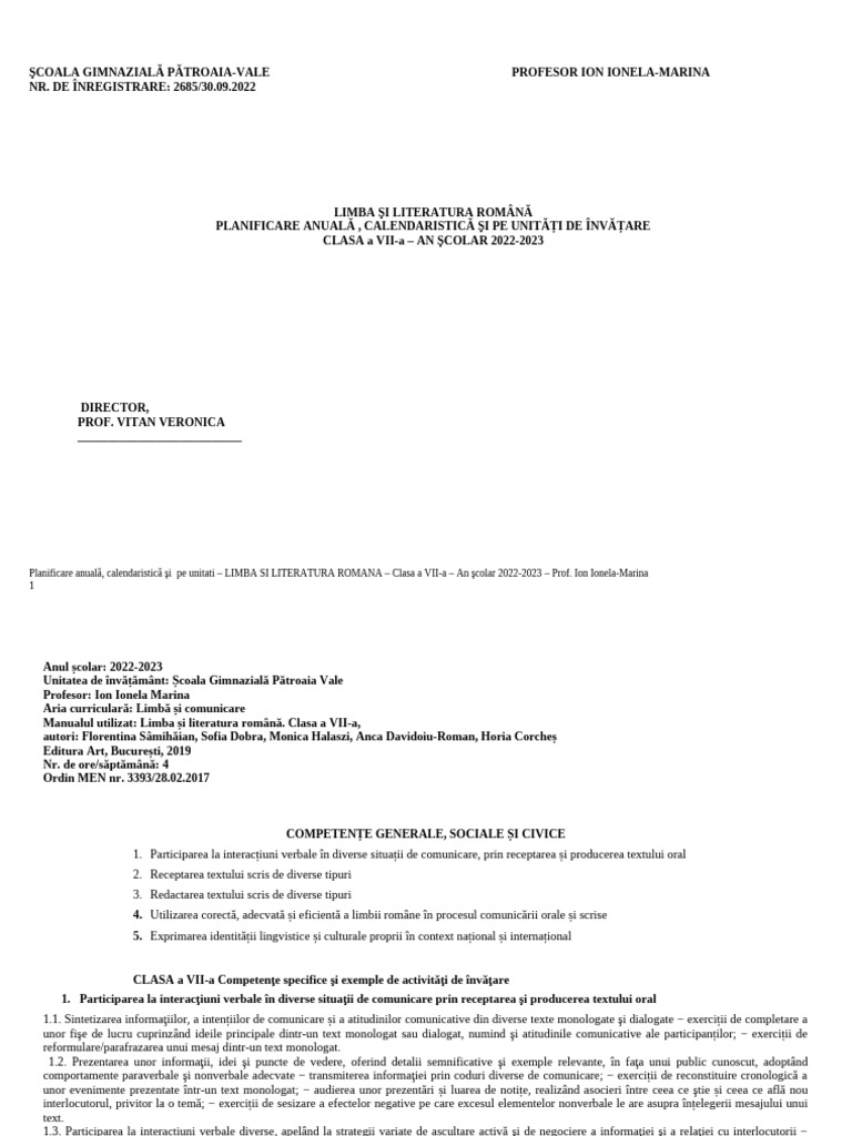 Planificare Anuală, Calendaristică Şi Pe Unitati - LIMBA SI LITERATURA ROMANA - Clasa A VII-a ...