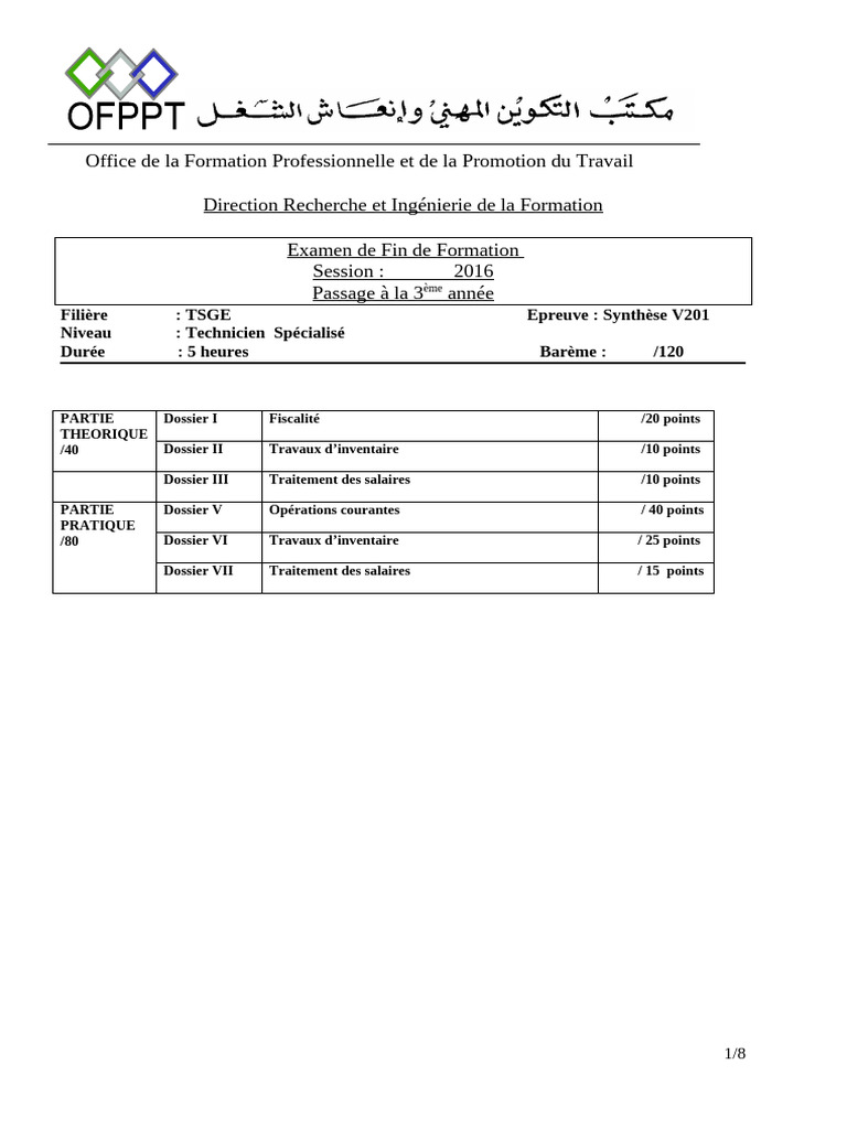 Examen TSGE 2016: Synthèse V201 | PDF