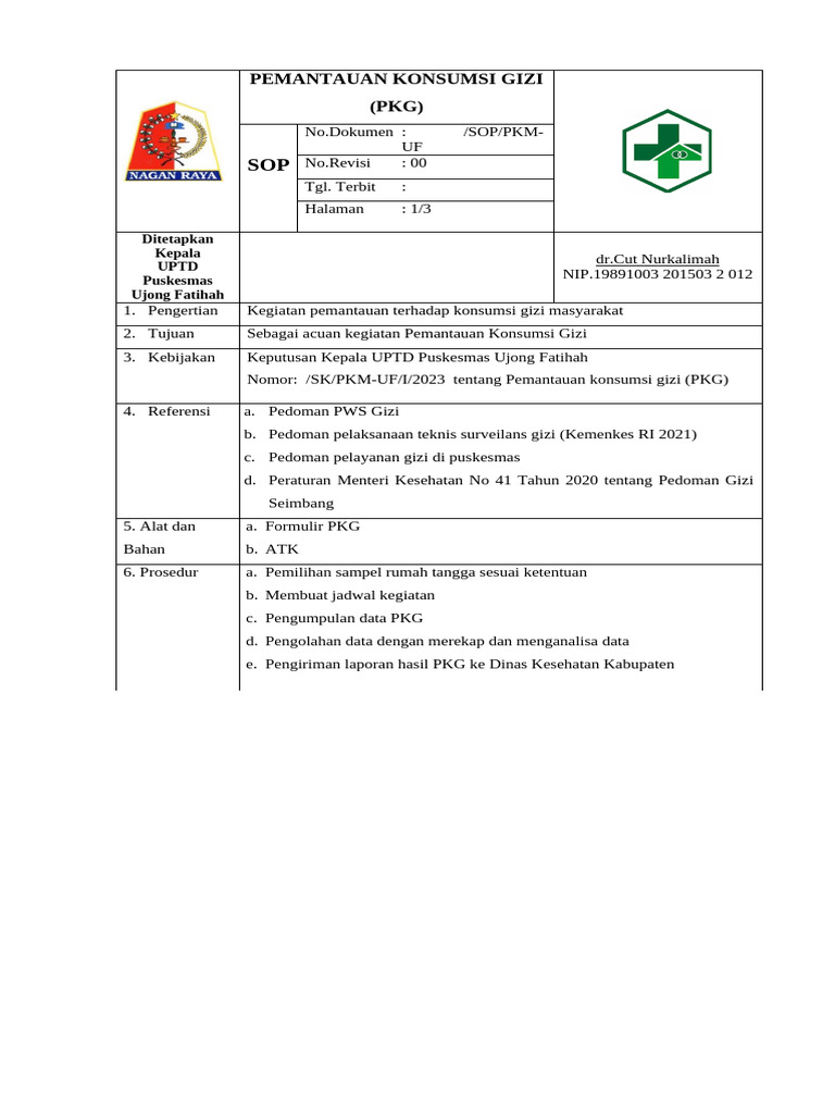 SOP Pemantauan Konsumsi Gizi (PKG) | PDF