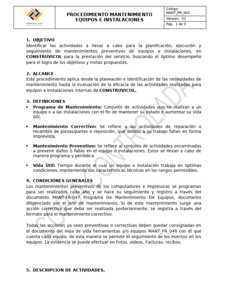 MANT - PR - 002 Procedimiento para El Mantenimiento de Equipos e Instalaciones | PDF ...